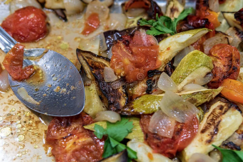 Roasted Vegetables on a Tray in a Supermarket Showcase Stock Image ...