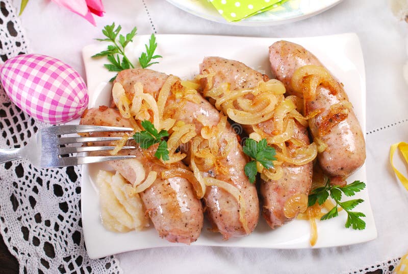 Roasted White Sausage with Onion for Easter Stock Image - Image of ...