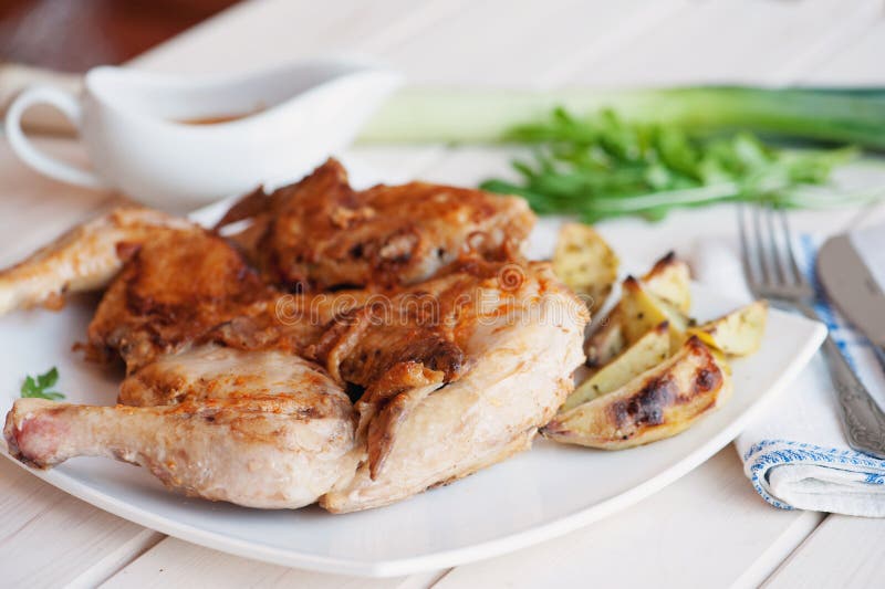 Roasted Whole Chicken on Dish with Cutlery Stock Image - Image of ...