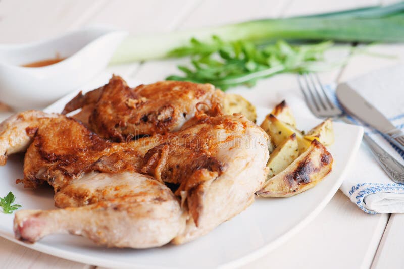 Roasted Whole Chicken on Dish with Cutlery Stock Image - Image of ...