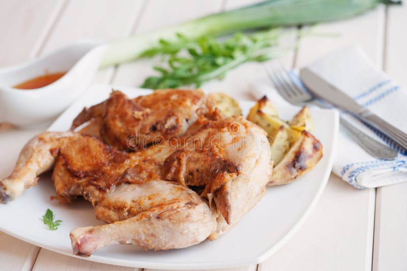 Roasted Whole Chicken on Dish with Cutlery Stock Image - Image of ...