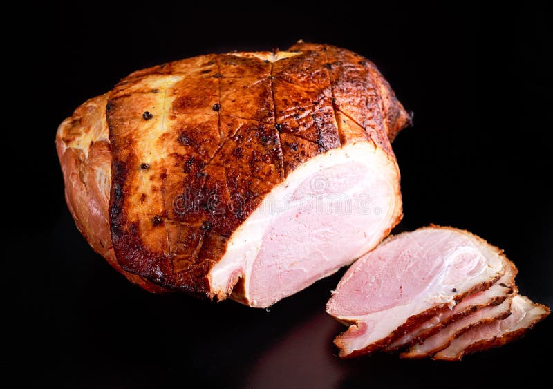 Roasted Whole Sliced Ham on Dark Background Stock Image - Image of ...