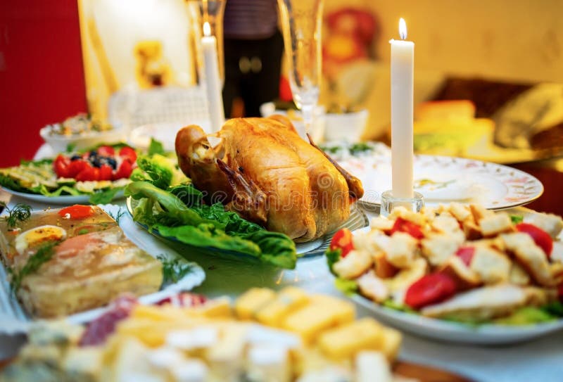 Roasted Whole Turkey on Festive Table for Thanksgiving Day. Stock Image ...