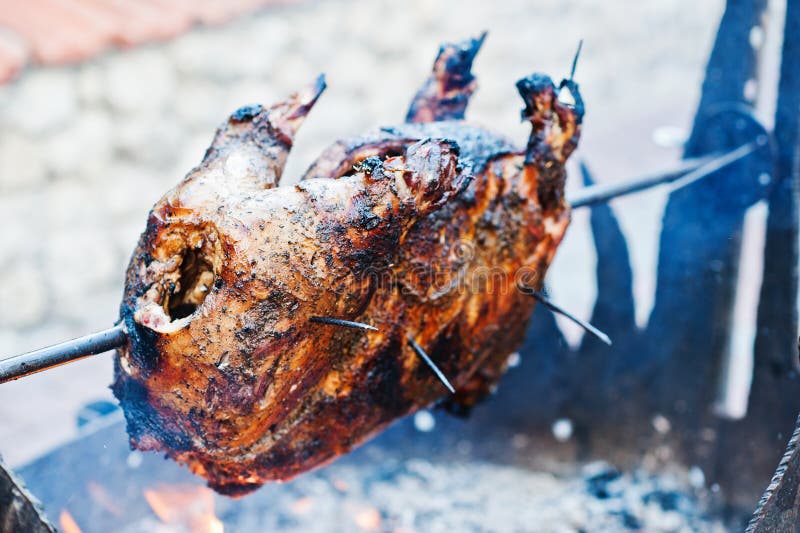 Roasting Barbecue is Prepared of a Ram, Lamb or Sheep Stock Photo ...