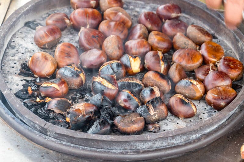 Roasting Chestnuts on a Grill. Preparing Edible Chestnuts on Smoker ...