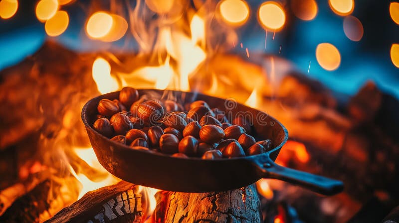 Roasting Chestnuts Over Open Fire with Blurred Warm Lighting Stock ...