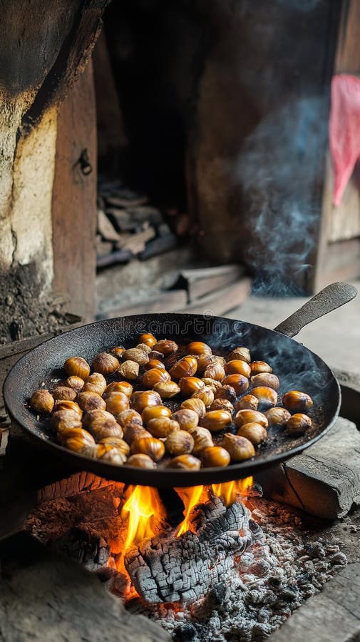 Roasting Chestnuts Over Open Fire in Rustic Setting Stock Illustration ...