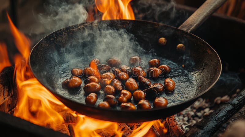 Roasting Chestnuts in a Pan Over an Open Fire with Smoke and Flames ...
