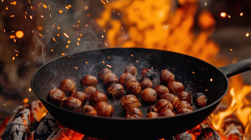 Roasting Chestnuts Pan Over Open Flame Smoke Fire Stock Photos - Free ...
