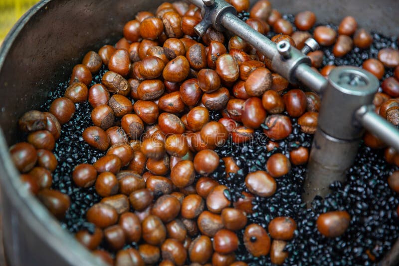 Roasting Chestnuts on Fire, Portuguese Street Food in Autumn, Lisbon ...