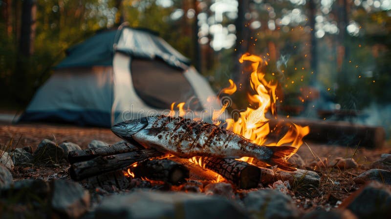 Roasting a Fish at Campfire, Evening Campfire, Outdoor Kitchen and ...