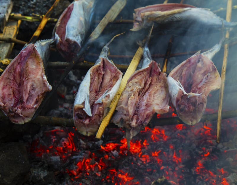 Roasting fish on fire stock image. Image of cook, diet - 128769019