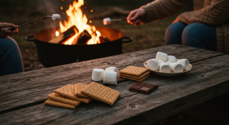 Roasting Marshmallows Around Campfire at Night Stock Illustration ...