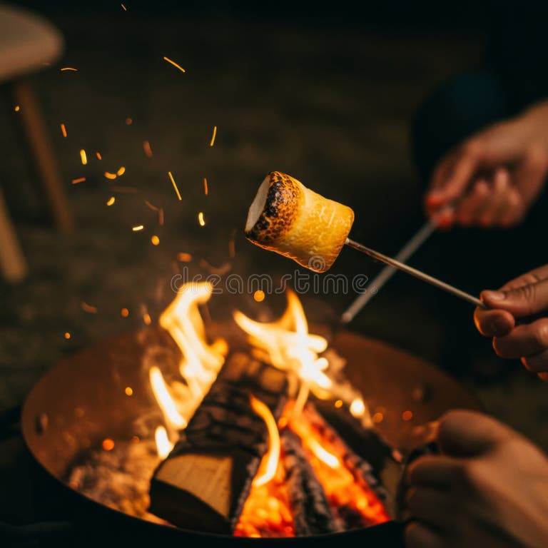 Roasting Marshmallows Over Campfire at Night Stock Illustration - Illustration of fire, together ...