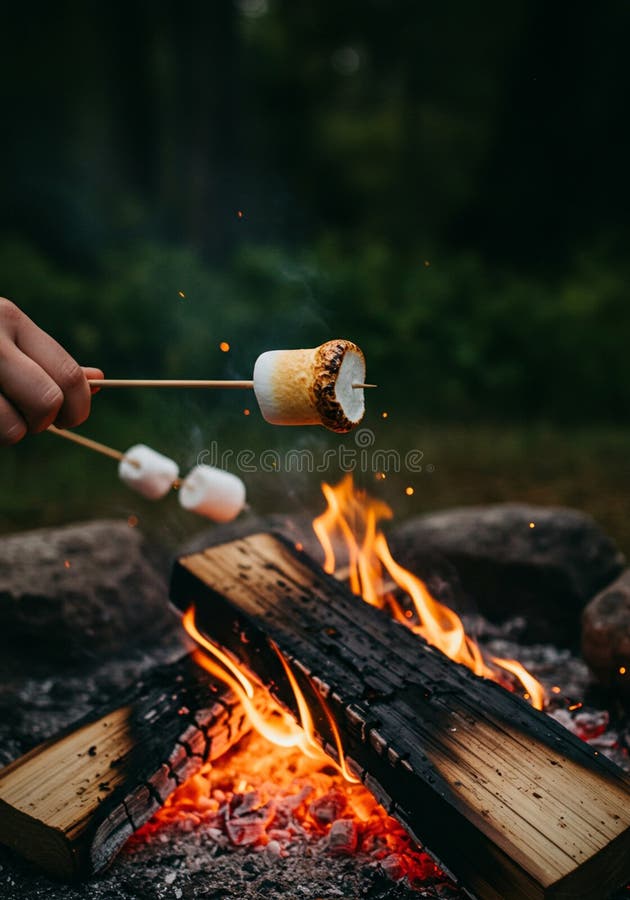 Roasting Marshmallows Over a Campfire at Night Stock Illustration - Illustration of food, white ...