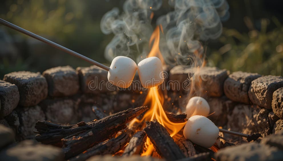 Roasting Marshmallows Over Open Campfire Flames in Stone Pit Outdoors Stock Illustration ...