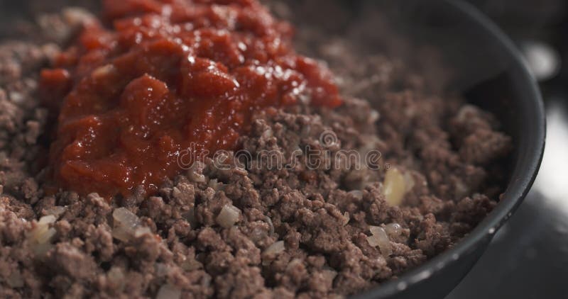 Roasting Minced Beef with Tomato Paste in a Pan Stock Image - Image of ...