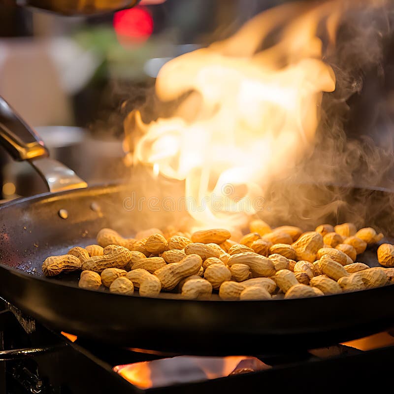 Roasting Peanuts in a Pan with Flames a Closeup Shot of Peanuts Being ...