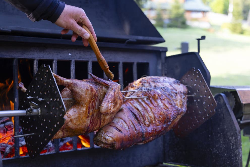 Roasting Pork and Turkey on Spit Stock Image - Image of roast, chicken ...