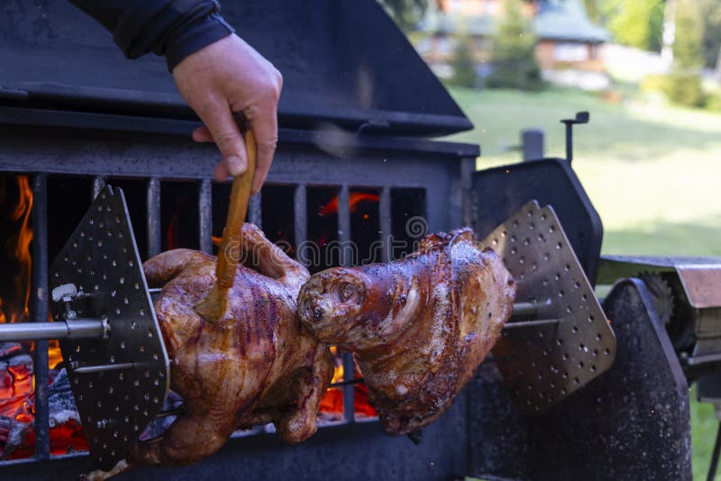 Roasting Pork and Turkey on Spit Stock Image - Image of east, cuisine ...