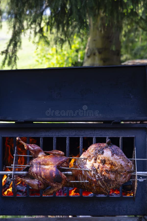 Roasting Pork and Turkey on Spit Stock Photo - Image of dinner, gourmet ...