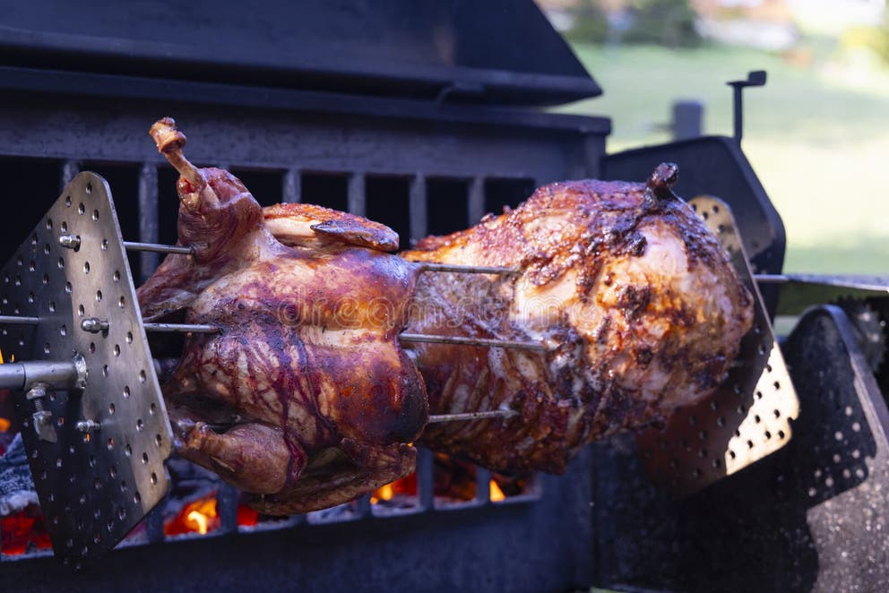 Roasting Pork and Turkey on Spit Stock Photo - Image of cook, roasted ...
