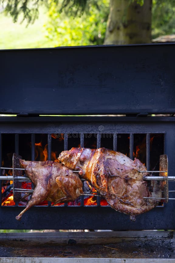 Roasting Pork and Turkey on Spit Stock Photo - Image of preparation ...