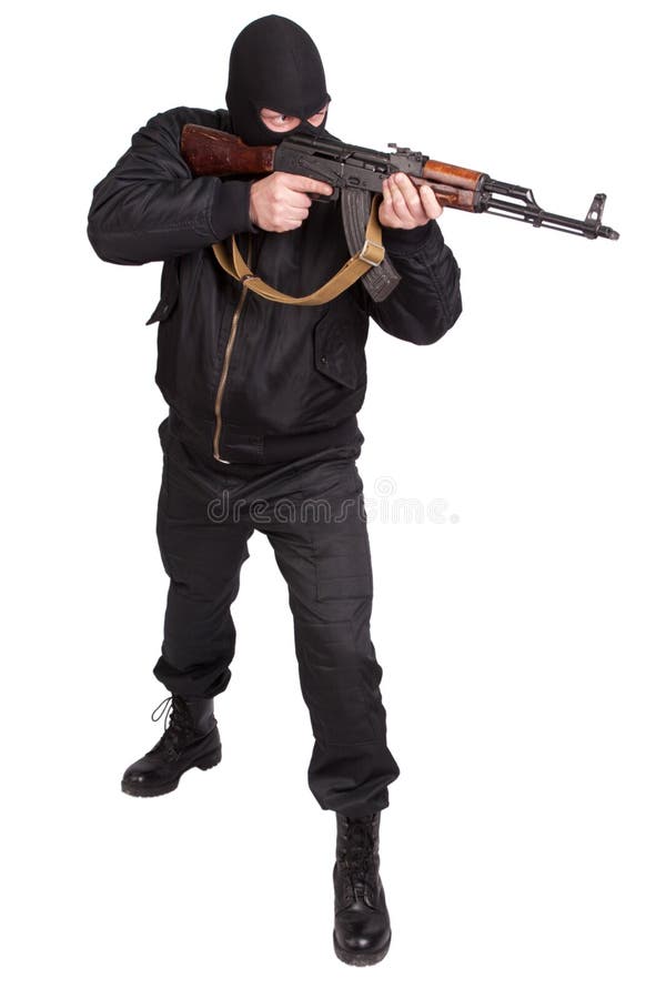 Robber in Black Uniform and Mask with Kalashnikov Stock Photo - Image ...