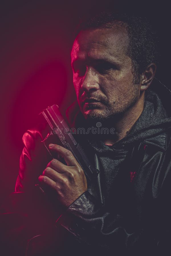 Man Gas Mask Gun Dressed Black Leather Jacket Stock Photos - Free ...