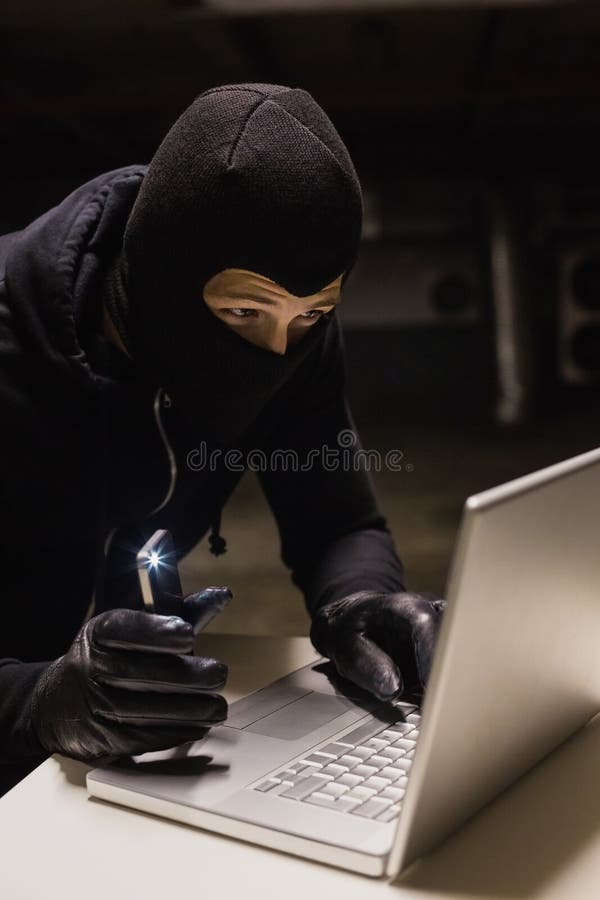 Robber Hacking Laptop Making Light His Phone Stock Photos - Free ...