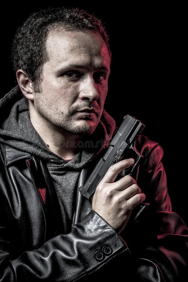 Robbery, Thief, Armed Man with Black Leather Jacket, Dangerous Stock ...
