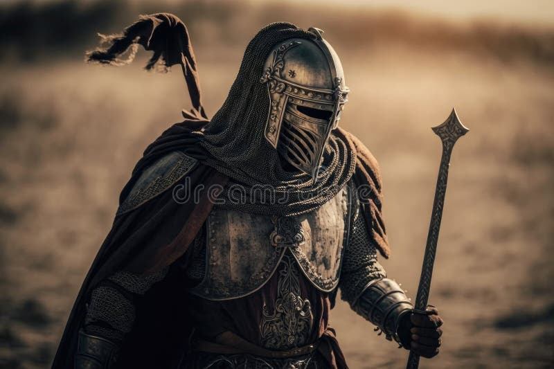Robe-clad Medieval Warrior in Helmet Walking with Sword Stock ...