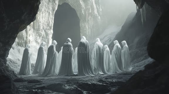 Robed Figures in a Dimly Lit Cave Digital Rendering Stock Illustration ...
