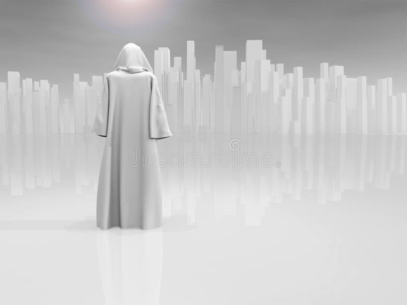 Robed Traveler before the Pure City Stock Illustration - Illustration ...