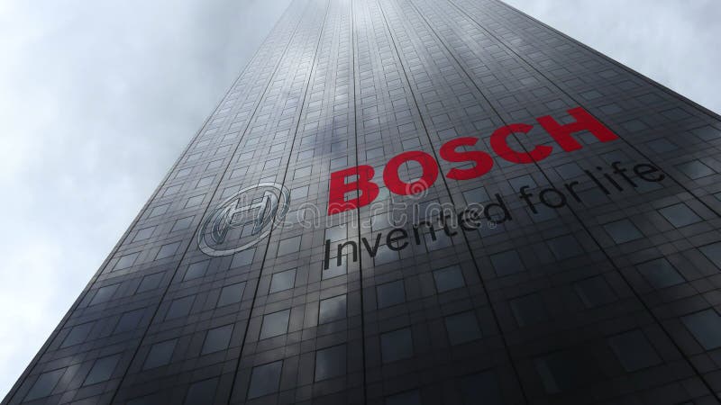 Robert Bosch GmbH Logo on a Skyscraper Facade Reflecting Clouds ...