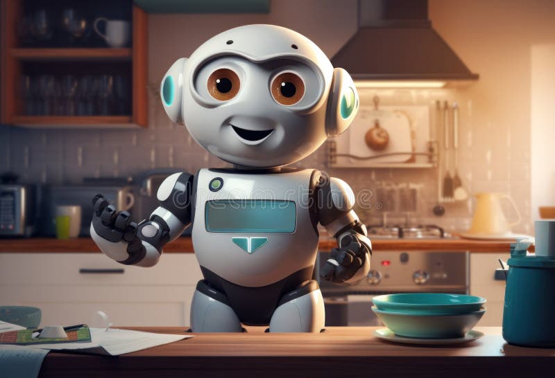 Robert Robot Standing in the Kitchen Stock Image - Image of metallic ...