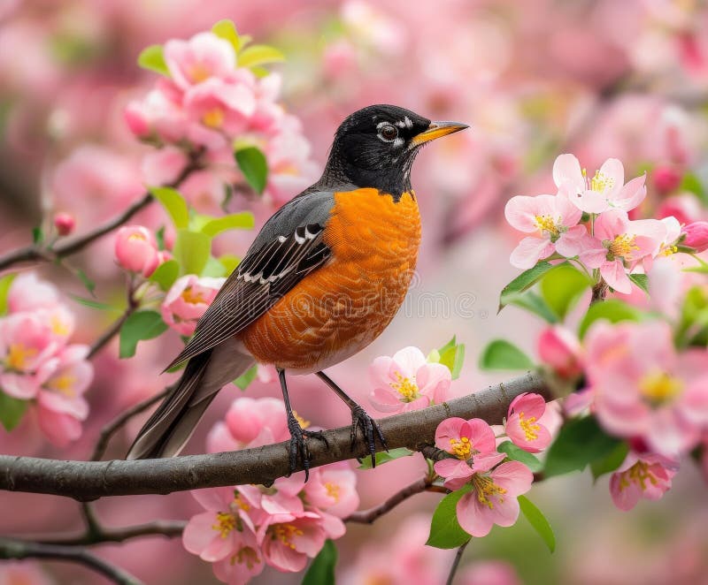 Robin on Apple Blossom Branch Stock Illustration - Illustration of ...