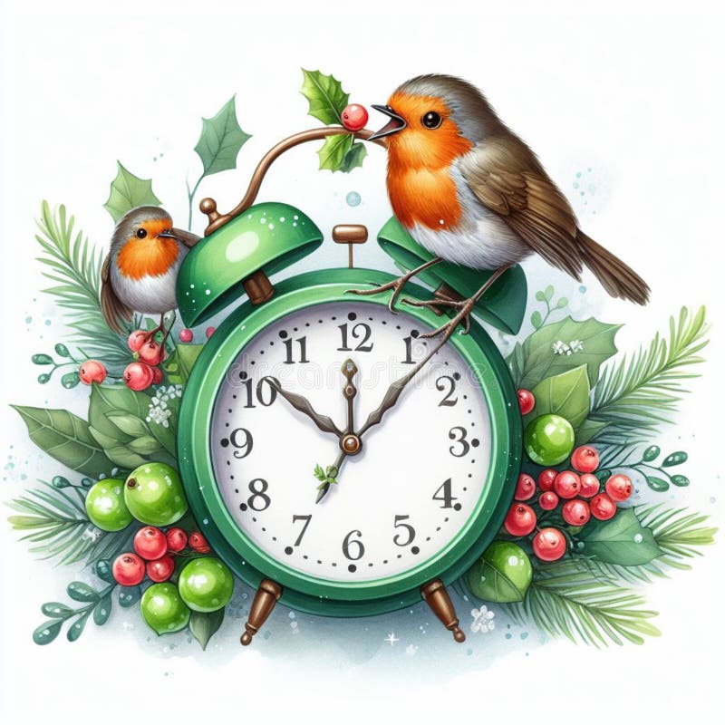 Two Robin Bird on a Green Alarm Clock Stock Image - Image of robin ...