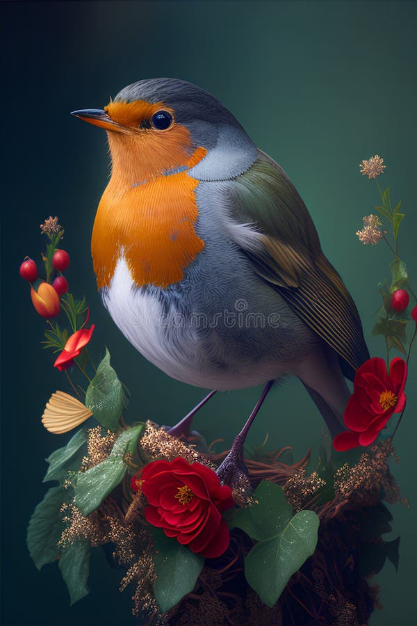Robin Bird with Red Flowers and Green Leaves on a Dark Background ...