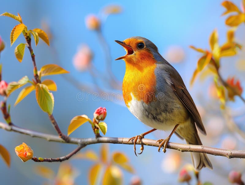 Robin Bird Singing on a Blossoming Branch in Spring Light Stock ...