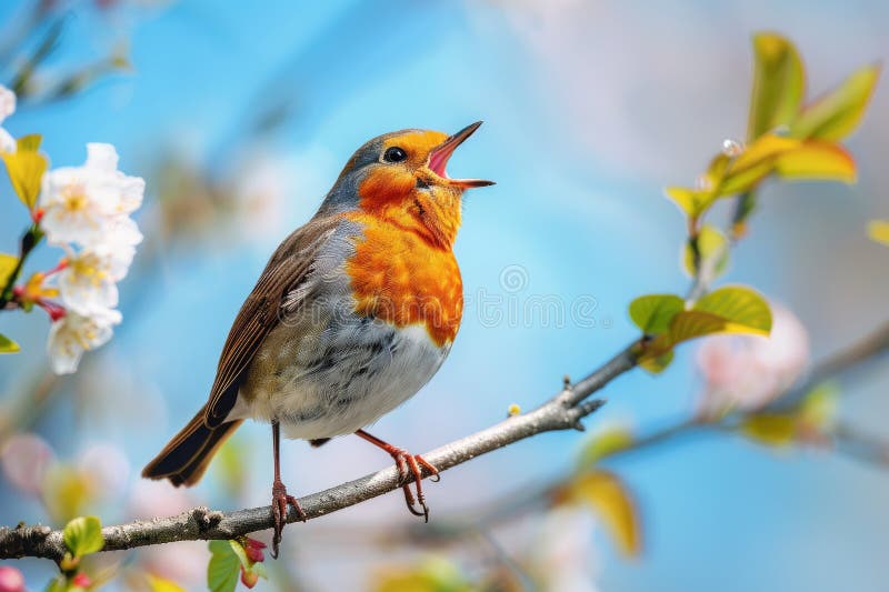 Robin Bird Singing on a Blossoming Branch in Spring Light Stock ...