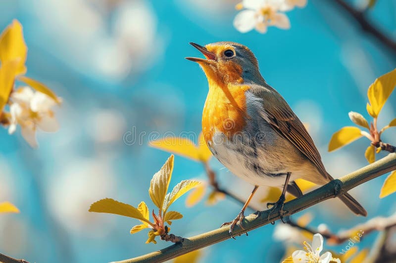 Robin Bird Singing on a Blossoming Branch in Spring Light Stock ...