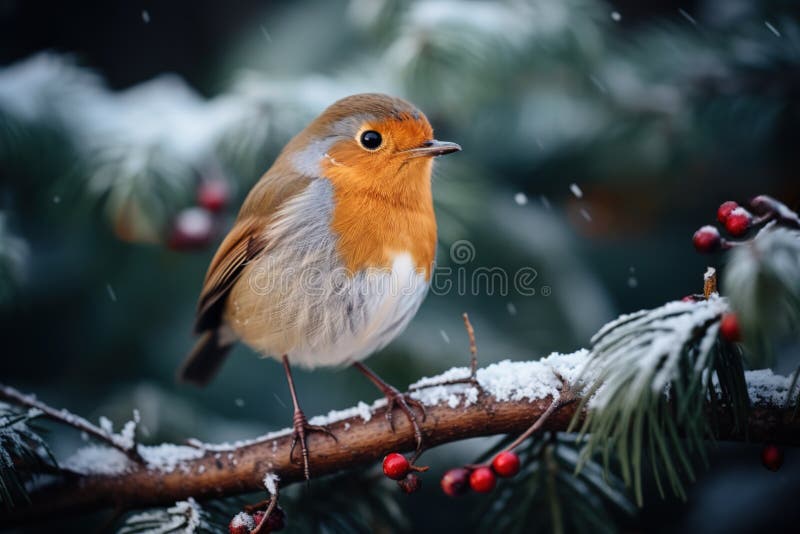 A Robin Bird on a Snowy Tree in the Cold Winter Stock Illustration ...