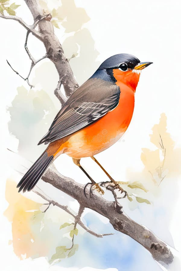 Robin Bird on the Tree Branch Watercolor Illustration Stock Image ...