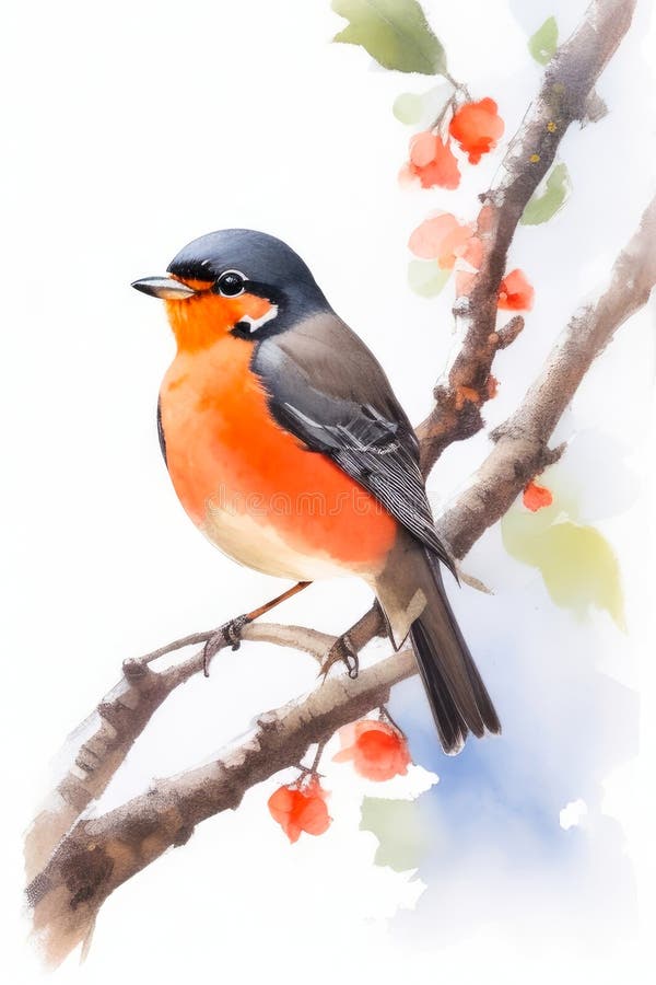 Robin Bird on the Tree Branch Watercolor Illustration Stock Photo ...