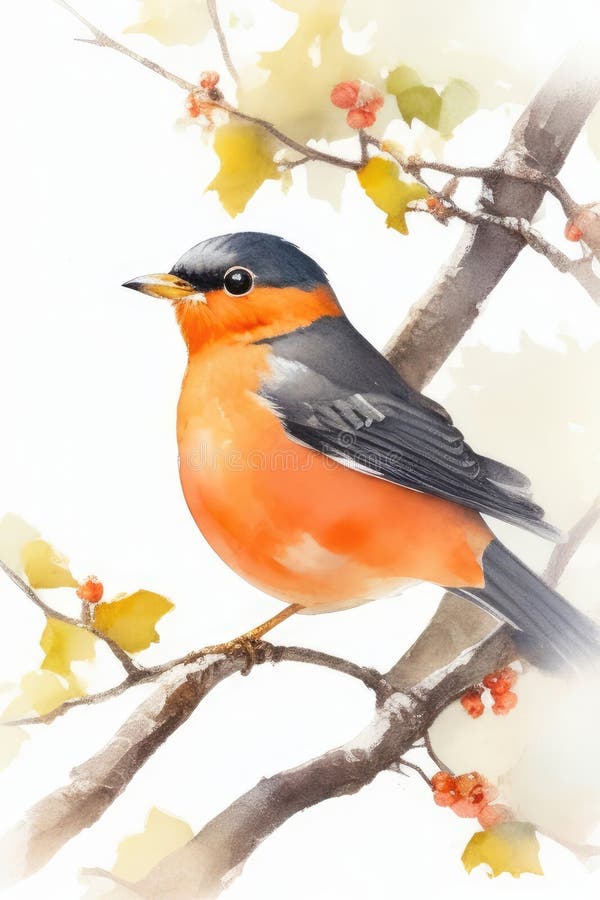 Robin Bird on the Tree Branch Watercolor Illustration Stock Photo ...