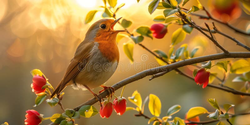 A Robin Bird in a Tree Singing Song at Sunrise. Created with AI Stock ...