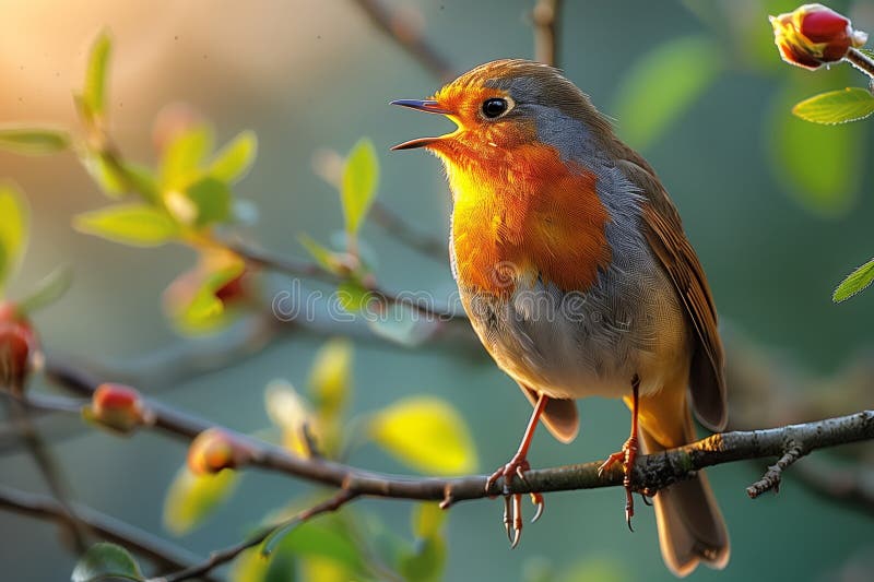 A Robin Singing on a Branch in the Morning Sun Stock Image - Image of ...