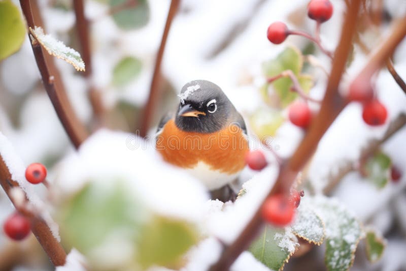 Robin with Bright Red on Snowy Hedge Stock Image - Image of hedge ...