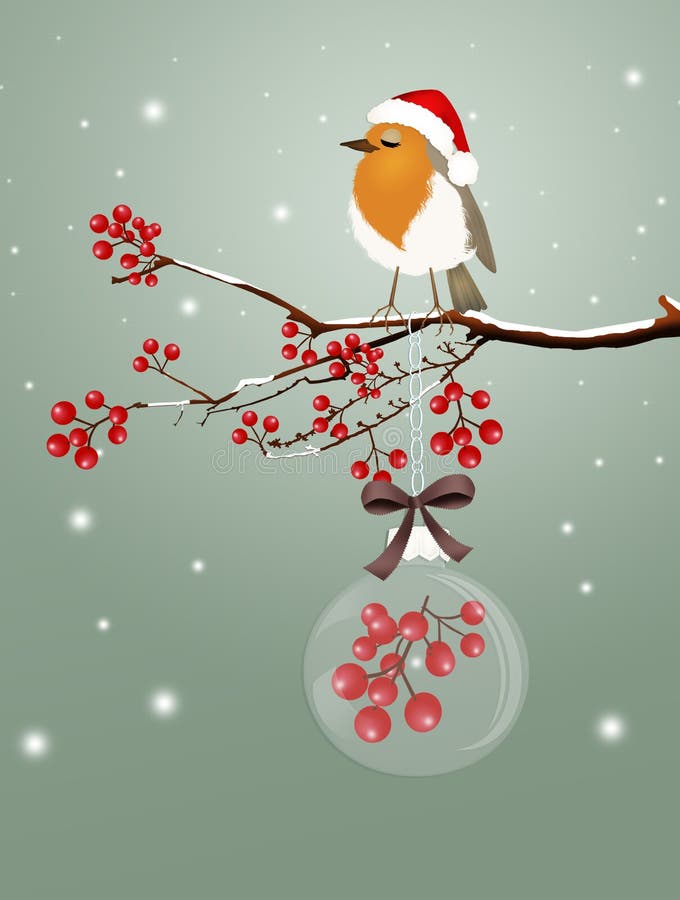 Robin with Christmas Ball on Tree Stock Illustration - Illustration of ...